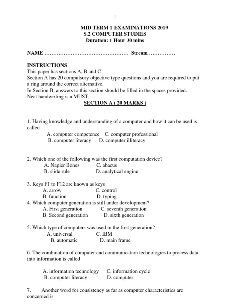 S - 2 Computer Studies Mid Term 1 Examinations 2019 | PDF | Operating System | Graphical User ...