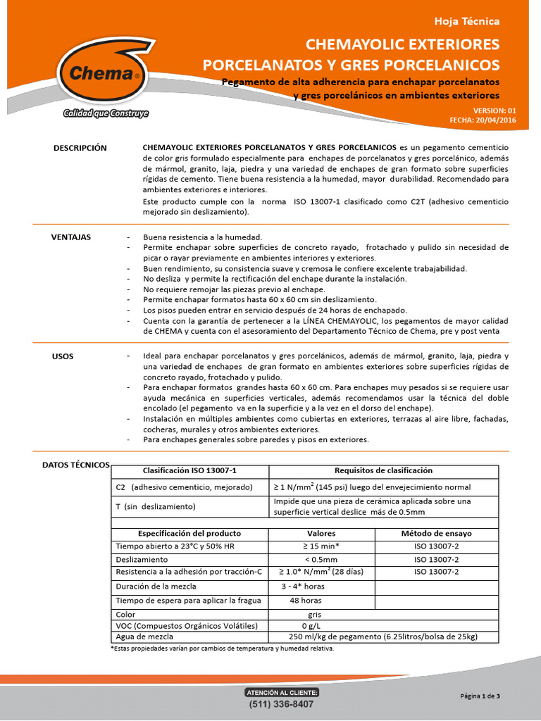 Hoja Tecnica-33851 (Pegamento Porcelanato Chemayolic) | PDF | Adhesivo | Hormigón