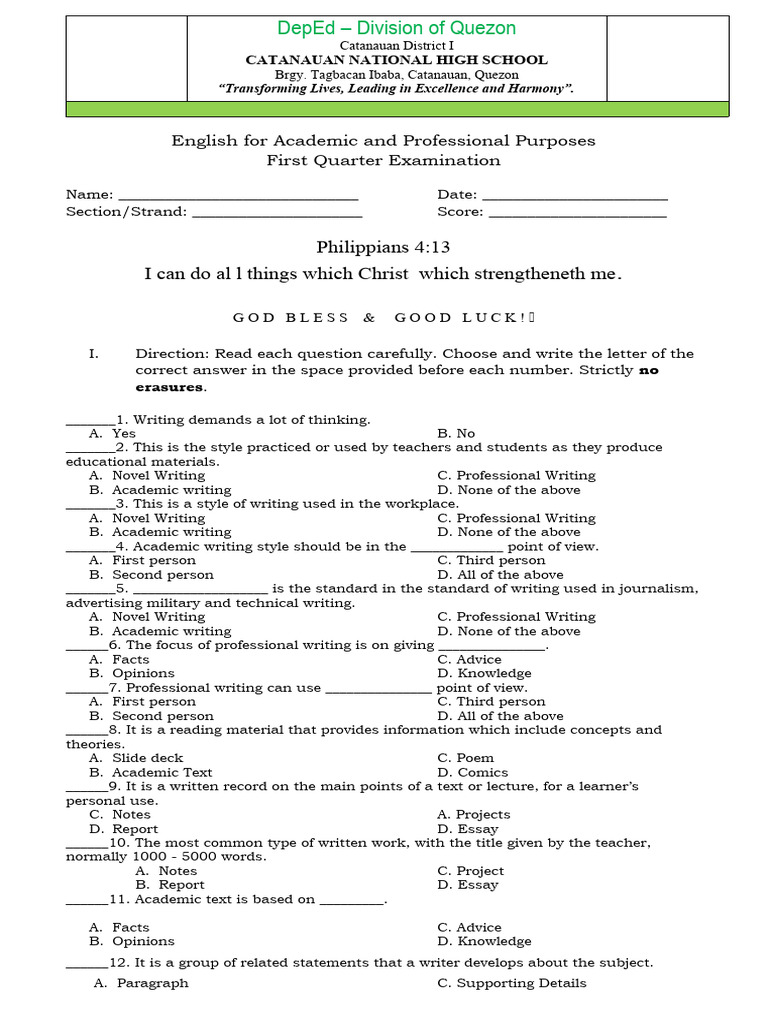 English Academic Exam for High School | PDF | Thesis | Apa Style