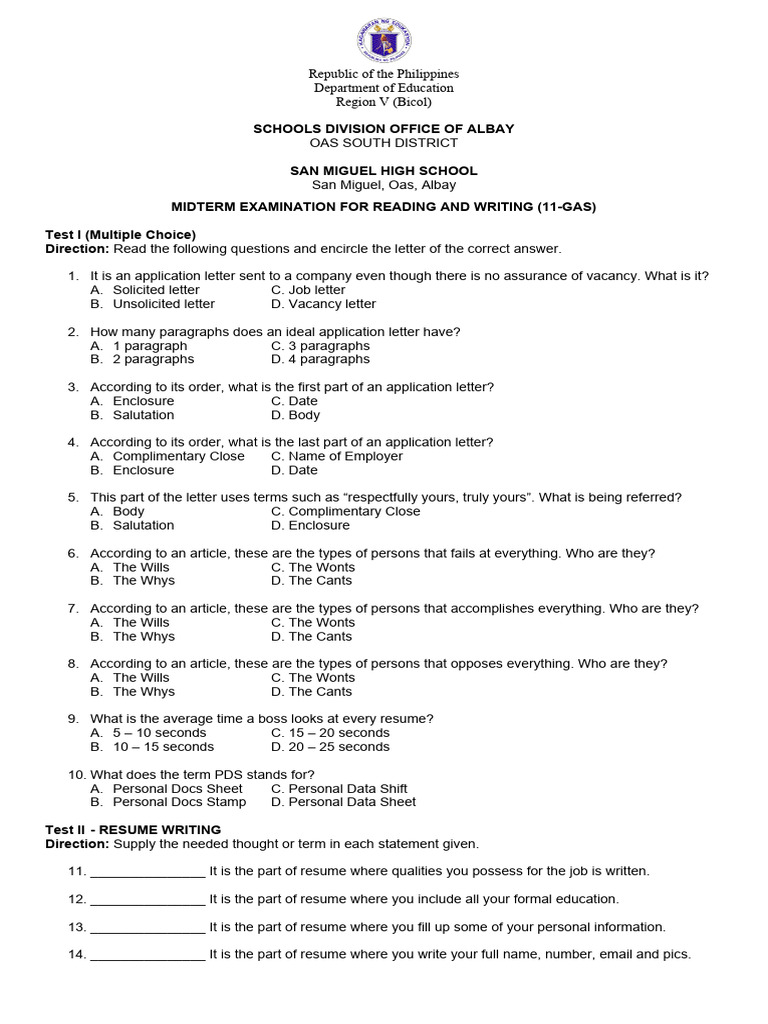 Midterm Exam: Reading & Writing Skills | PDF