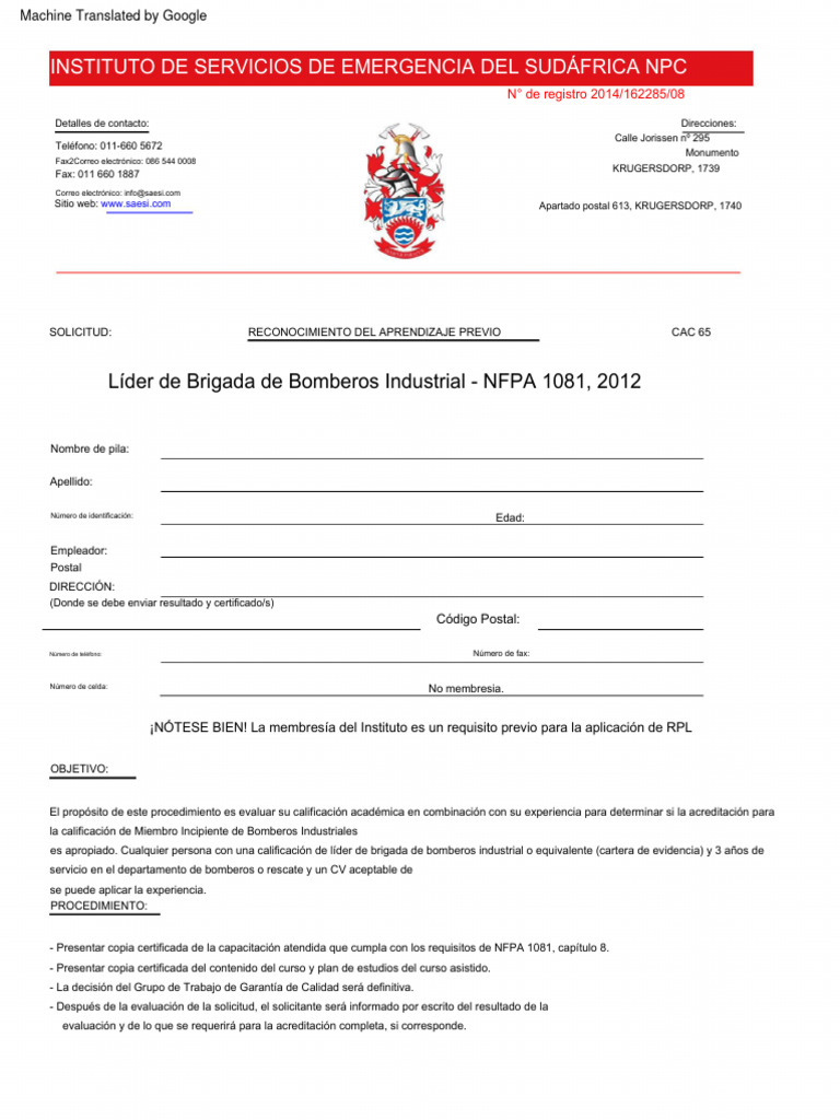 NFPA 1081 - Industrial Fire Brigade Leader - RPL Form (1) | PDF | Bombero