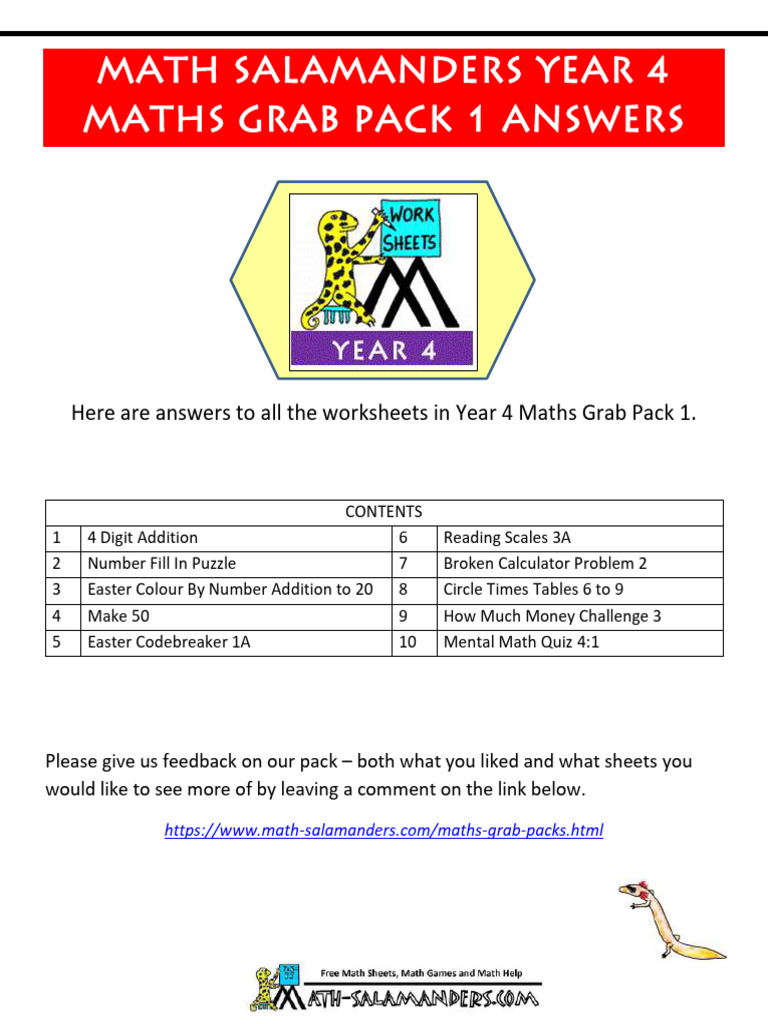 Year 4 Maths Grab Pack 1ans | PDF