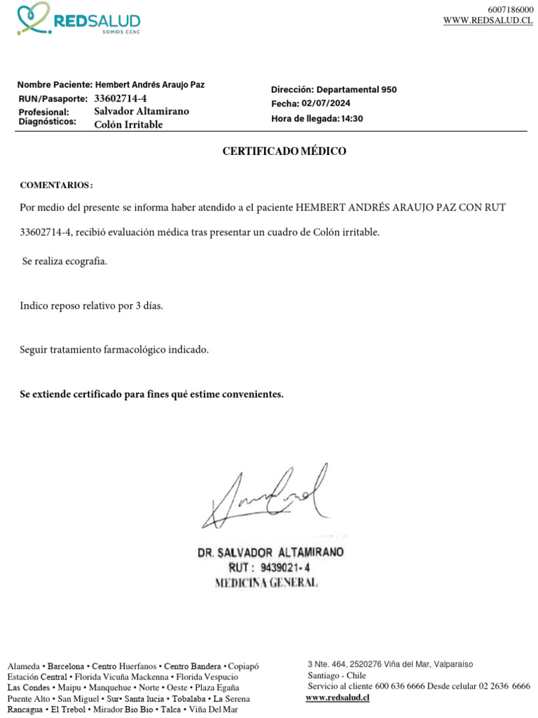Certificado Médico Red Salud 2024 | PDF | Salud y bienestar