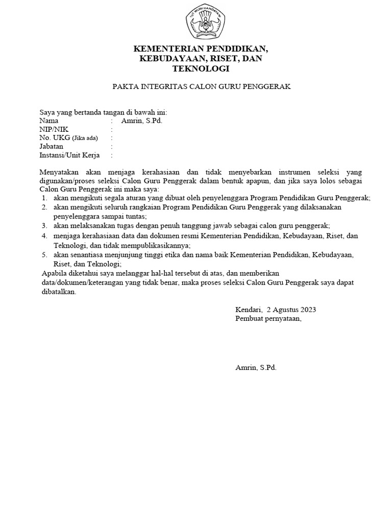 Pakta Integritas CGP 10 REGULER | PDF