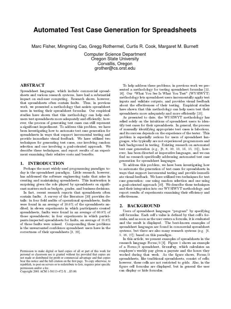 Automated Test Case Generation Pdf Spreadsheet Experiment