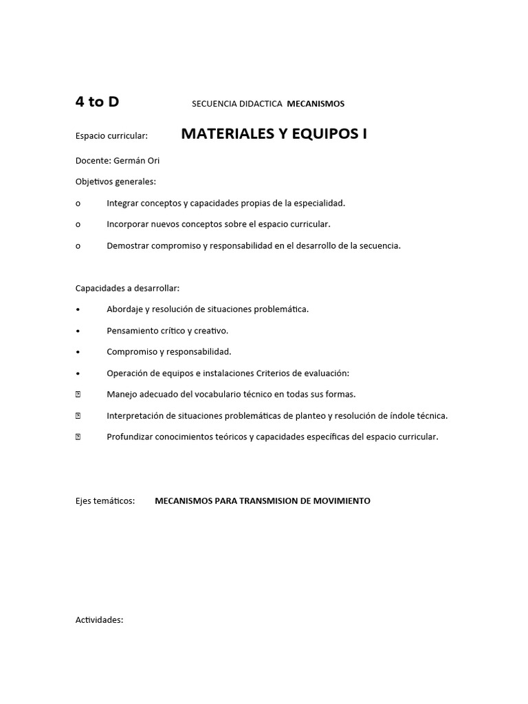 4 To D SECUENCIA DIDACTICA MECANISMOS | PDF | Engranaje | Motores