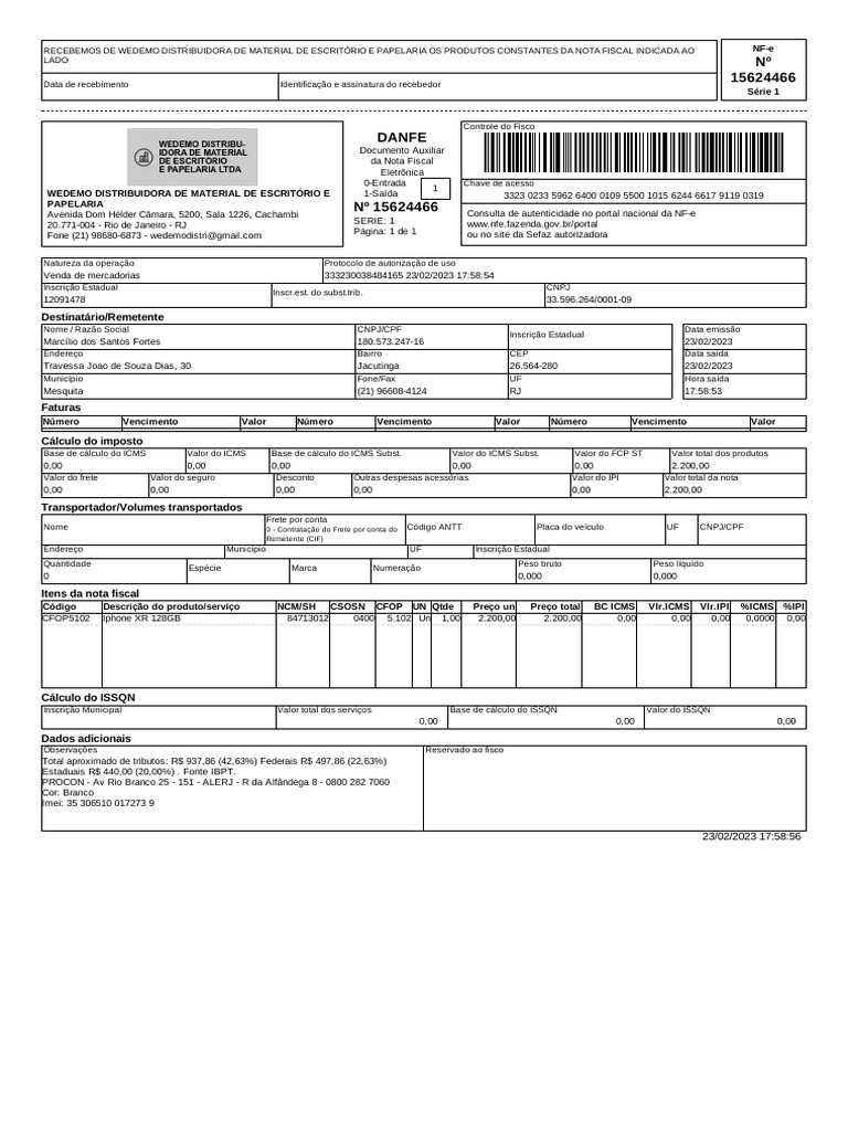Nota Fiscal Iphone Marcílio | PDF | Recibo | Marketing