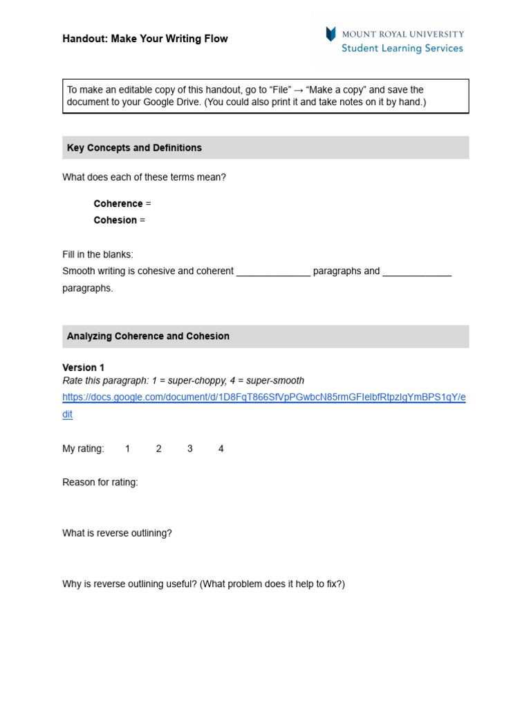 Handout: Making Your Writing Flow (2022-23 - Online) | PDF | Word ...