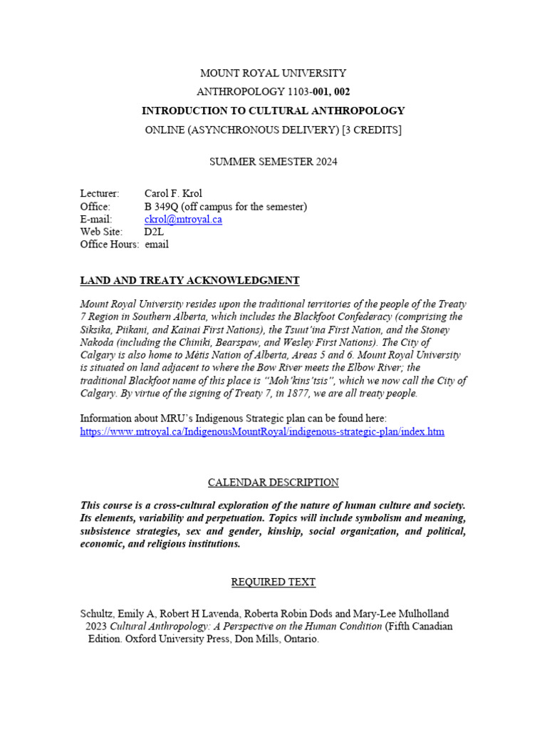 Anth 1103-001, 002 Course Outline (Summer 2024) | PDF | Anthropology ...