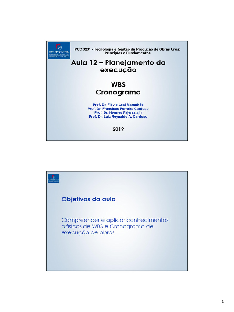 Aula12 PCC3132 2019 Planejamento1 WBS Cronograma Rev1 | PDF | Tecnologia e Engenharia