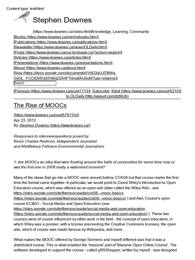 Downes - Ca Stephen's Web The Rise of MOOCs | PDF | Massive Open Online ...