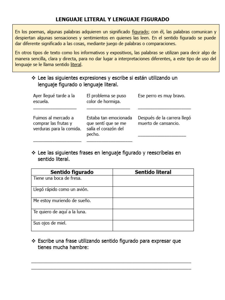 Lenguaje Literal y Lenguaje Figurado | PDF