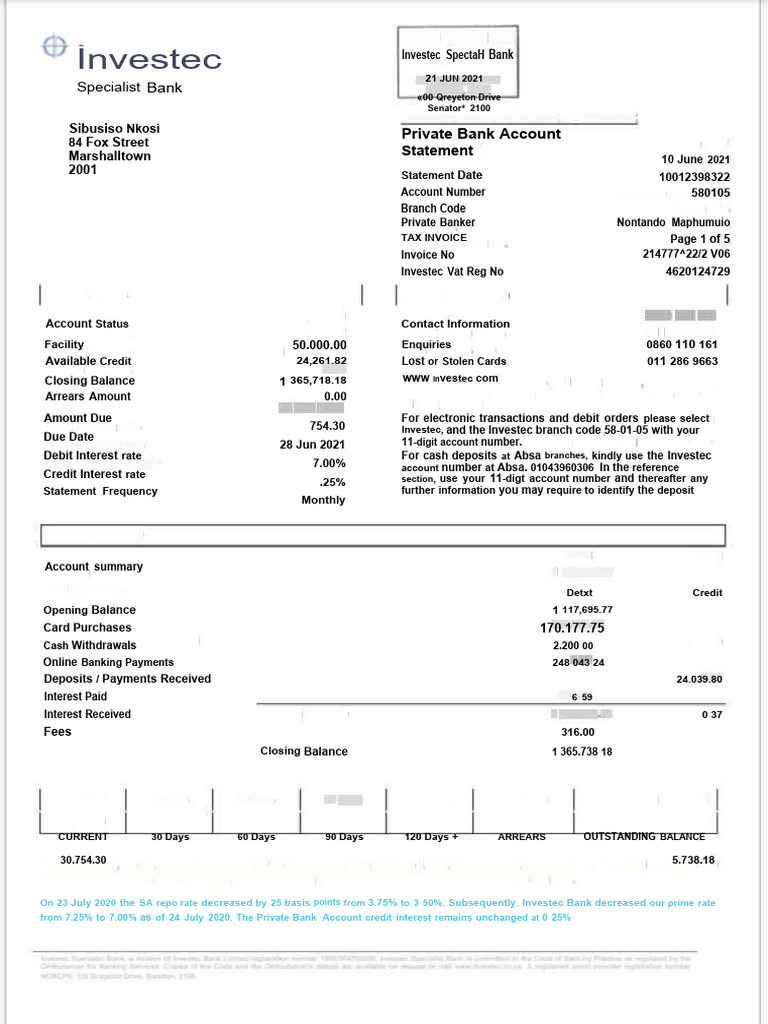 Investec Private Bank Account Statement | PDF | Banks | Credit Card