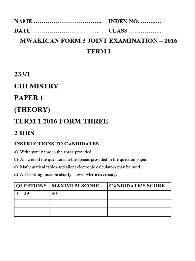 Chemistry Form 3 Paper 1 Model 27072021002 | PDF | Solubility | Sodium