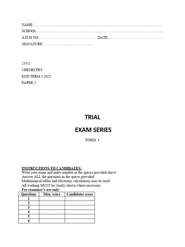 Chemistry P2 QS Form 3 End Term 1 Exam 2021 Teacher - Co - .Ke | PDF ...
