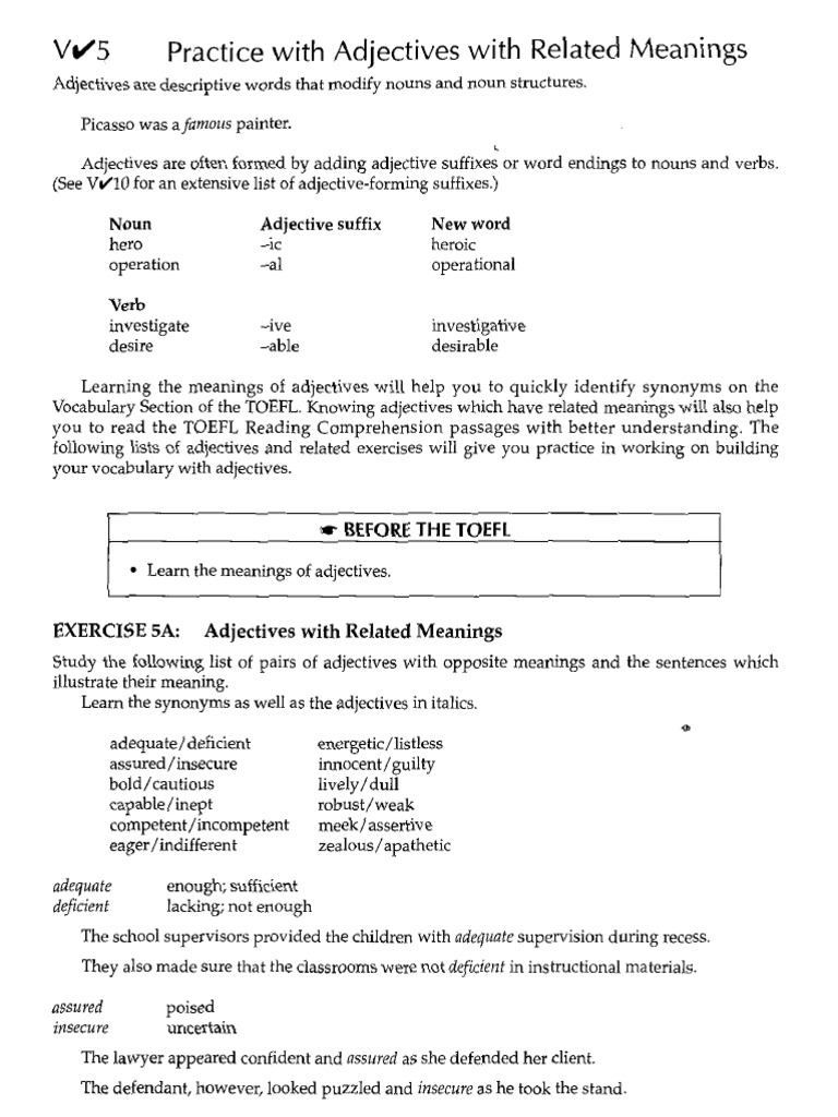 Vocabulary Building On Adjectives and Their Related Meaning | PDF