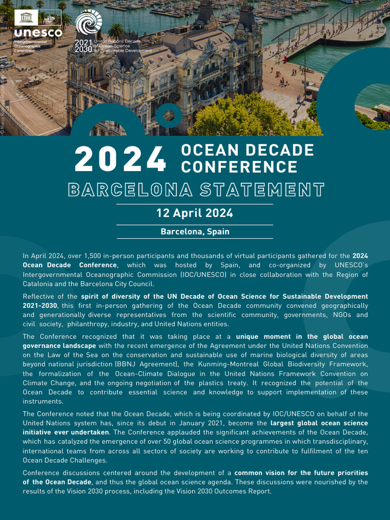 2024 Ocean Decade Conference - Barcelona Statement | PDF ...