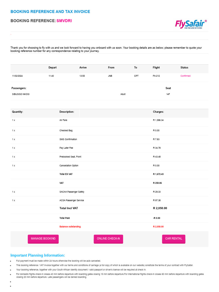 Booking Receipt | PDF | Baggage | Fee