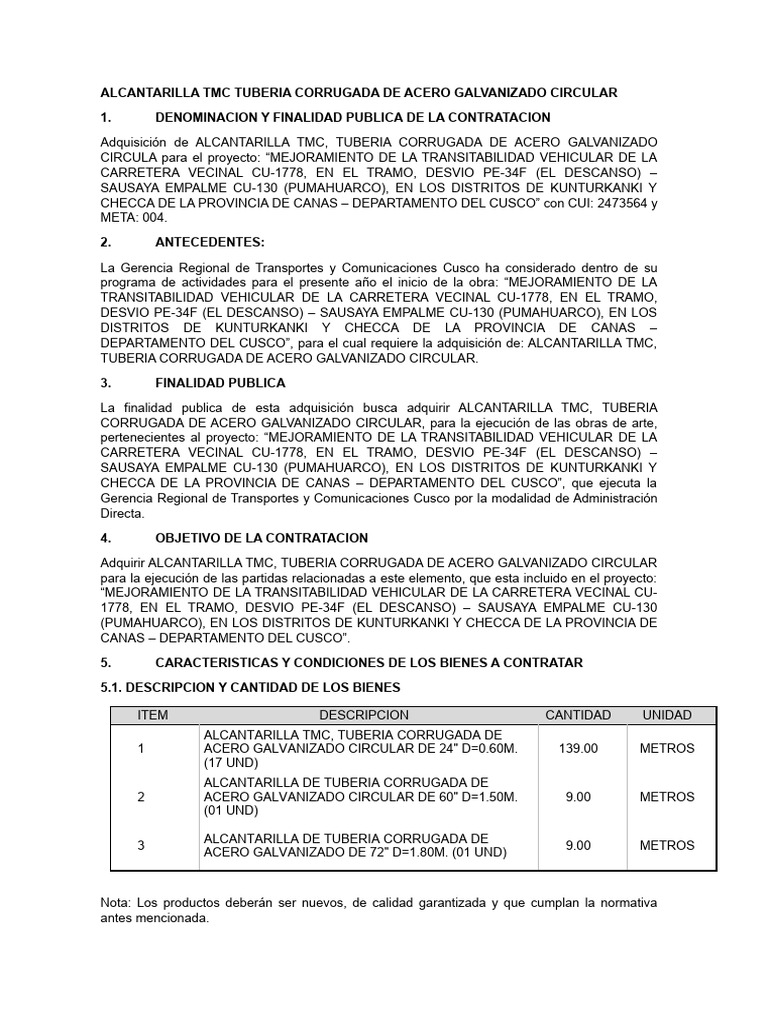 ALCANTARILLA TMC TUBERIA CORRUGADA DE ACERO GALVANIZADO CIRCULAR REGION ...