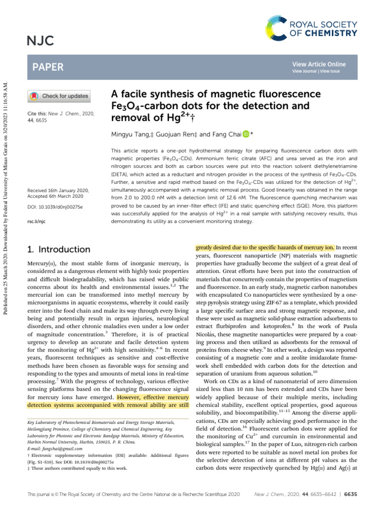 A Facile Synthesis of Magnetic Fluorescence Fe3O4-Carbon Dots For The Detection and Removal of ...