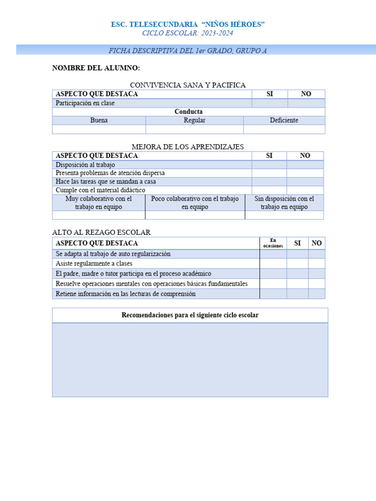Formato Ficha Descriptiva Primer Grado | PDF | Aprendizaje | Ciencia cognitiva