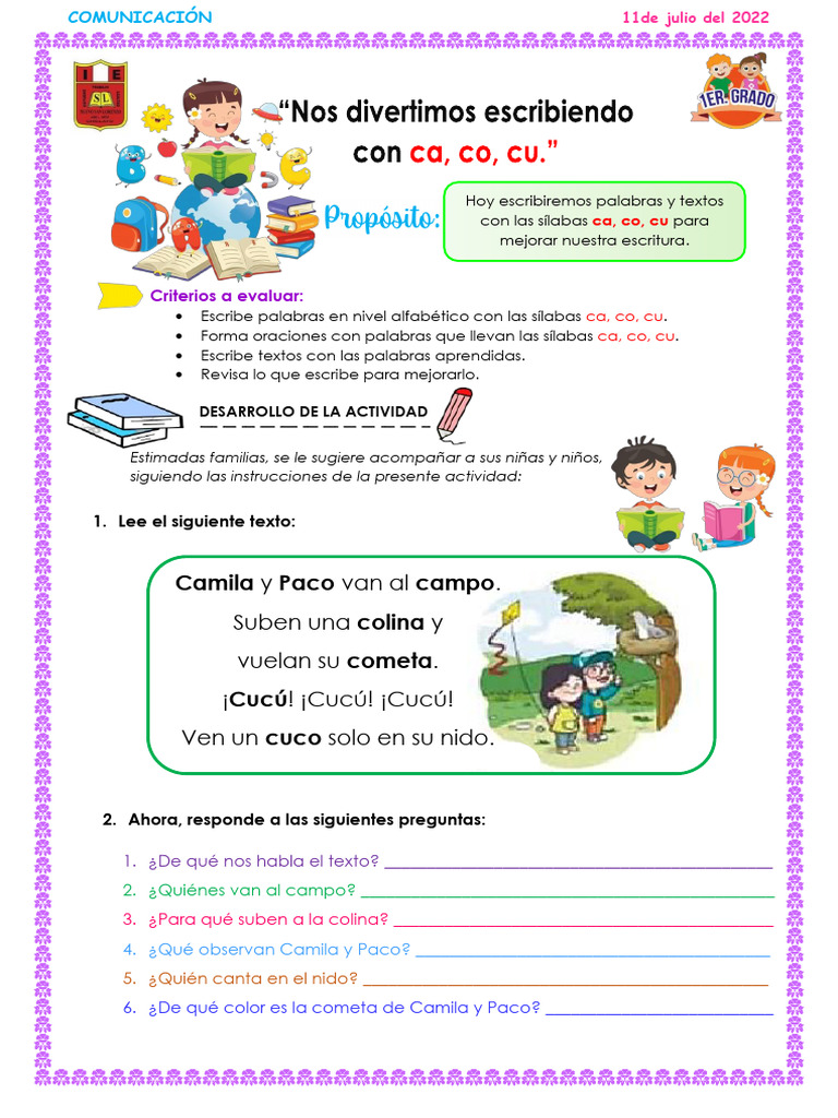 Comunicación 11 - 07 - Silabas Ca, Co, Cu | PDF | Escritura