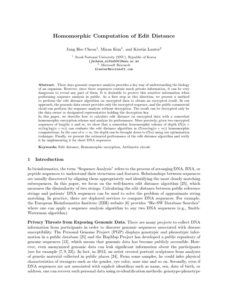 Homomorphic Computation of Edit Distance | PDF | Encryption | Cryptography