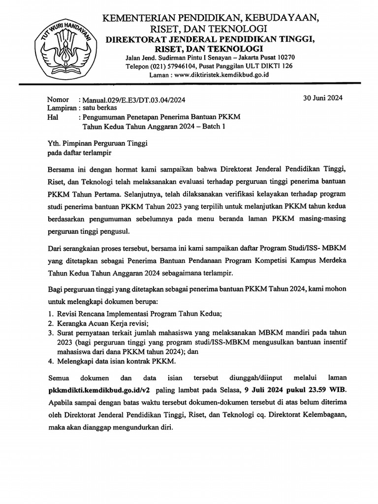 Surat Pengumuman Penetapan Penerima Bantuan PKKM T2 TA 2024 B-1 | PDF Surat Pengumuman Penetapan Penerima Bantuan PKKM T2 TA 2024 B-1 | PDF