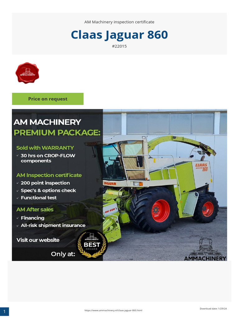 Claas Jaguar 860 Forage Harvester Details | PDF | Car Body Styles | Car