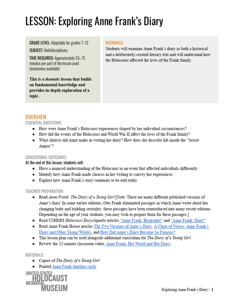 USHMM Anne Frank Diary Lesson | PDF | Anne Frank | Nazi Germany
