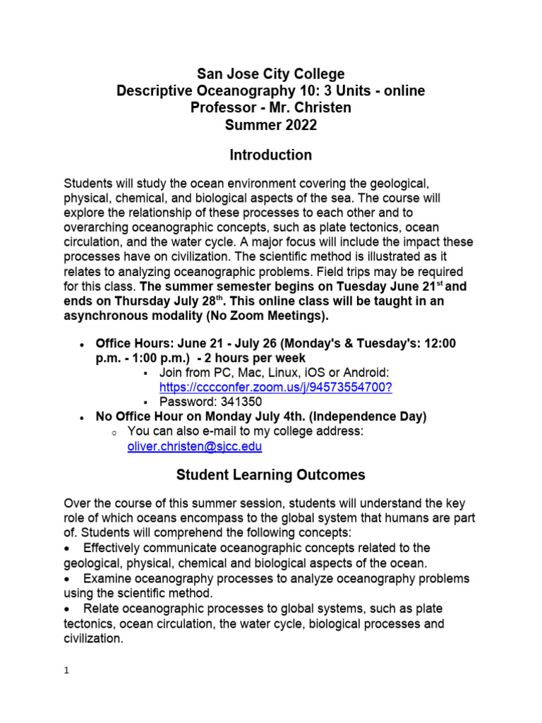 Ocean 10 Syllabus SJCC - Summer 22-6 | PDF | Oceans | Oceanography