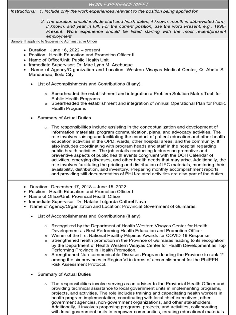 CS Form No. 212 Attachment - Work Experience Sheet | Download Free PDF ...