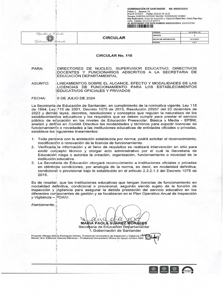 Circular 018 05 de Julio de 2024 Modalidad Licencias | PDF