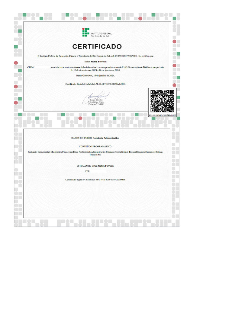 Certificado Assistente Administrativo- Instituto Federal do Rio Grande do Sul | PDF