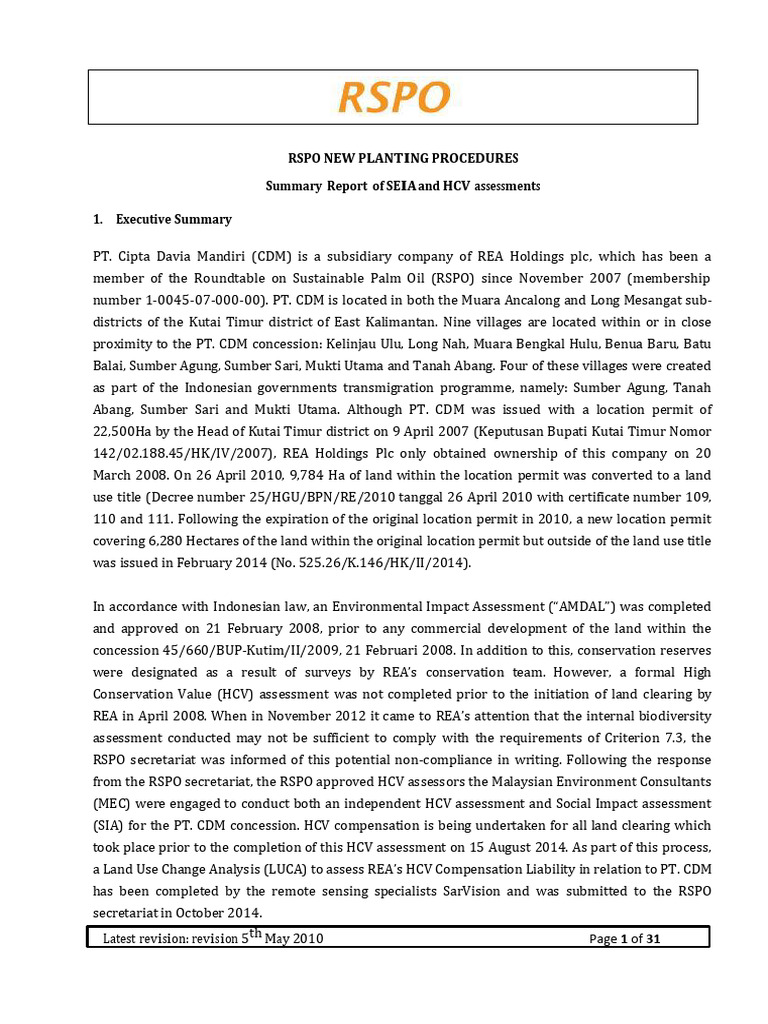 Summary Report of SEIA and HCV Assessments PT CDM | PDF | Environmental ...