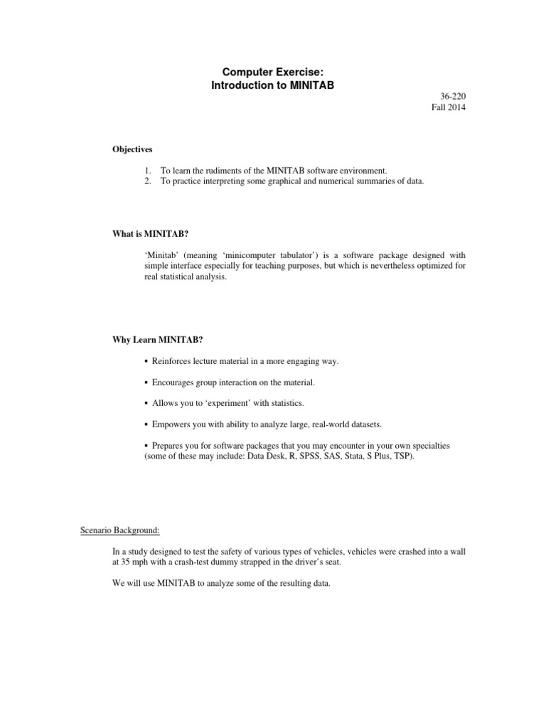 Intro to MINITAB Exercise Guide | PDF | Histogram | Computing