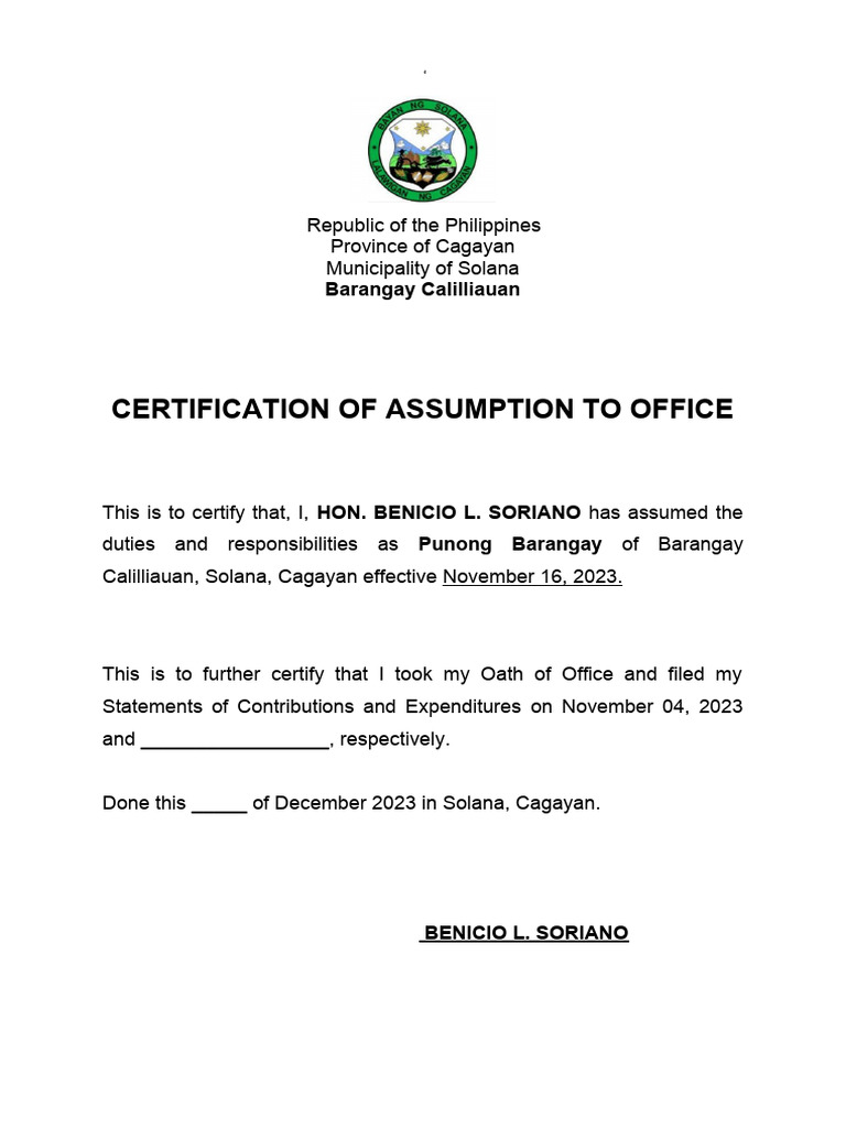 Assumption of Office: Punong Barangay Calilliauan | PDF