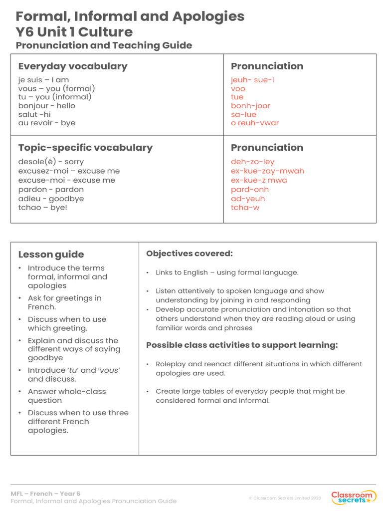 Year 6 French Formal Informal Apologies Pronunciation Guide | PDF ...