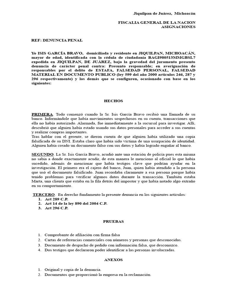 Ejemplo Denuncia Penal | PDF | Documento de identidad | Justicia
