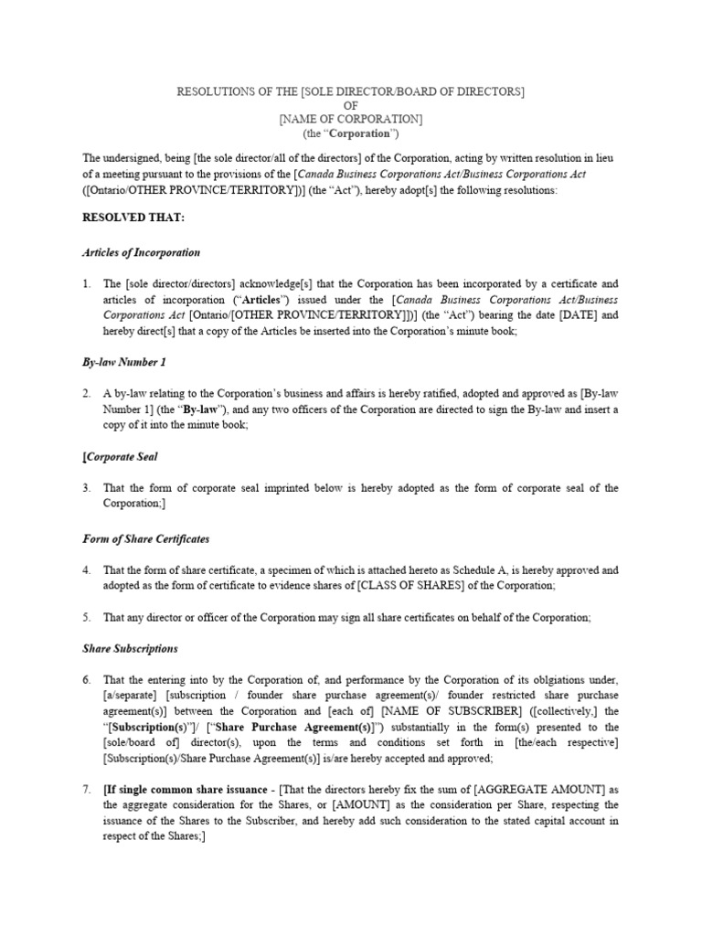 Directors Organizational Resolutions (CBCA) - Precedent | PDF ...