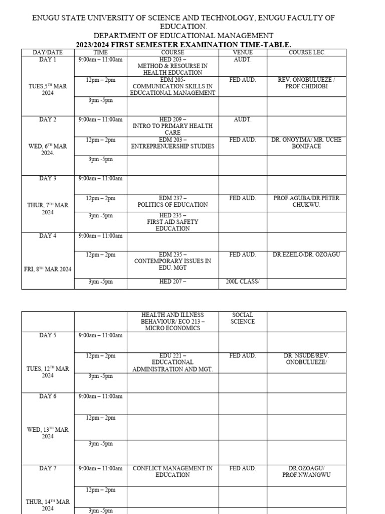 Enugu State University Exam Timetable 2024 | PDF