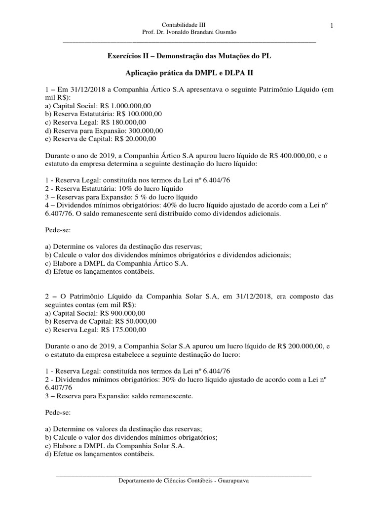 Exercícios 4 DMPL Demonstração Das Mutações Semana 2 | PDF | Capital ...