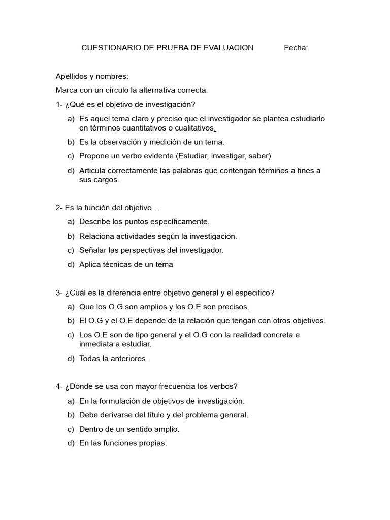 Cuestionario de Prueba de Evaluacion | Descargar gratis PDF | Verbo ...