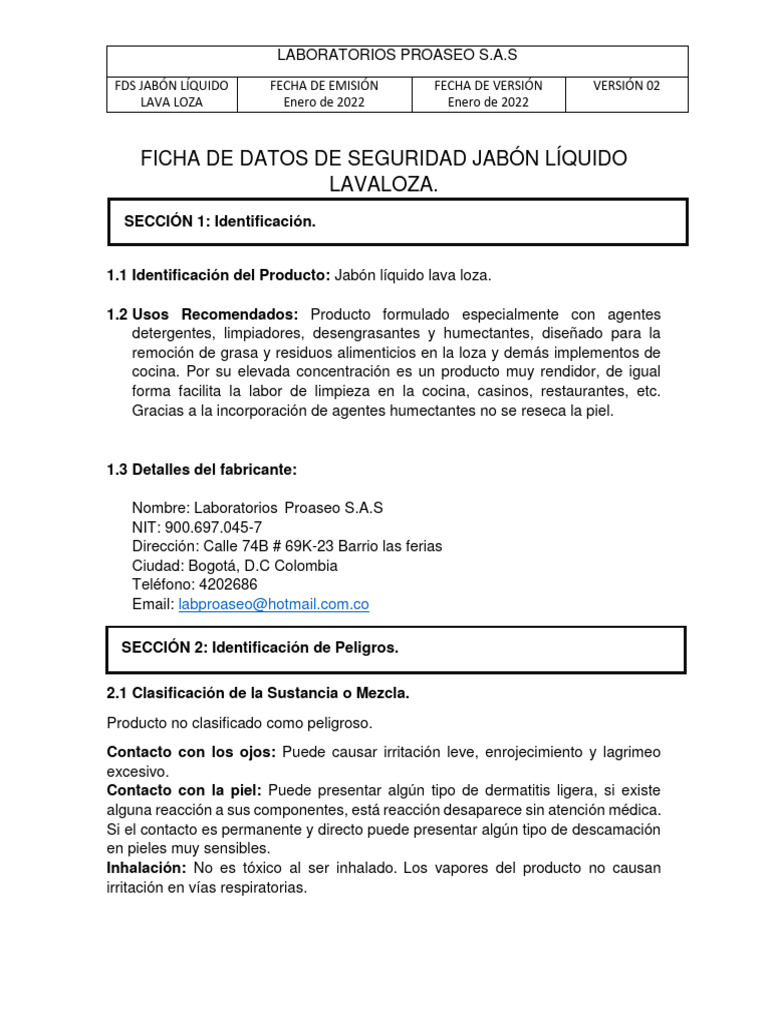 FDS Jabon Lava Loza Liquido V2 | PDF | Agua | Laboratorios