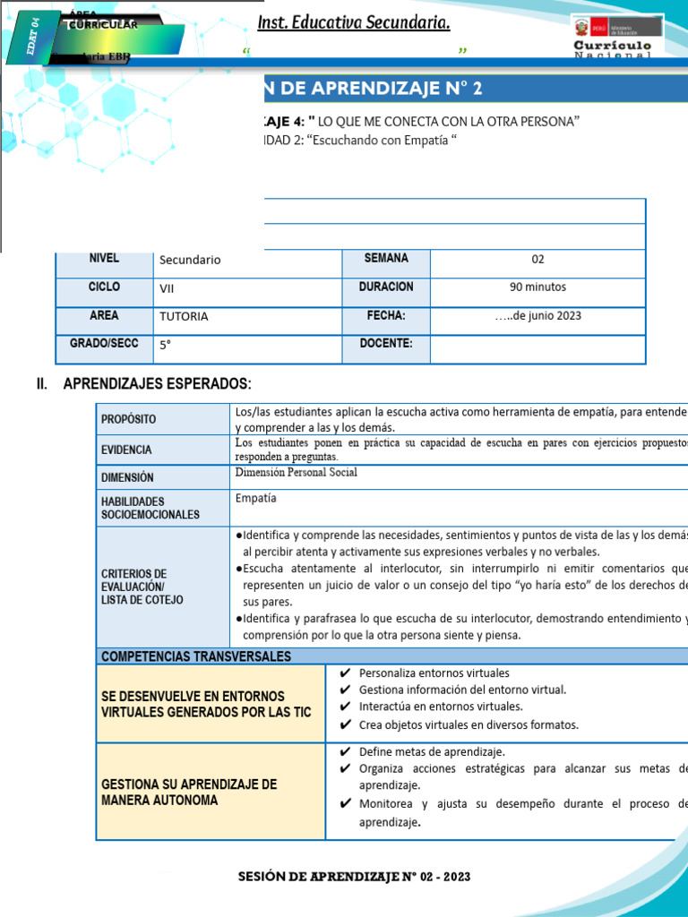 5° Tutoria Ses 2 Edat 4 Sem 02 - 2023 | PDF | Empatía | Aprendizaje