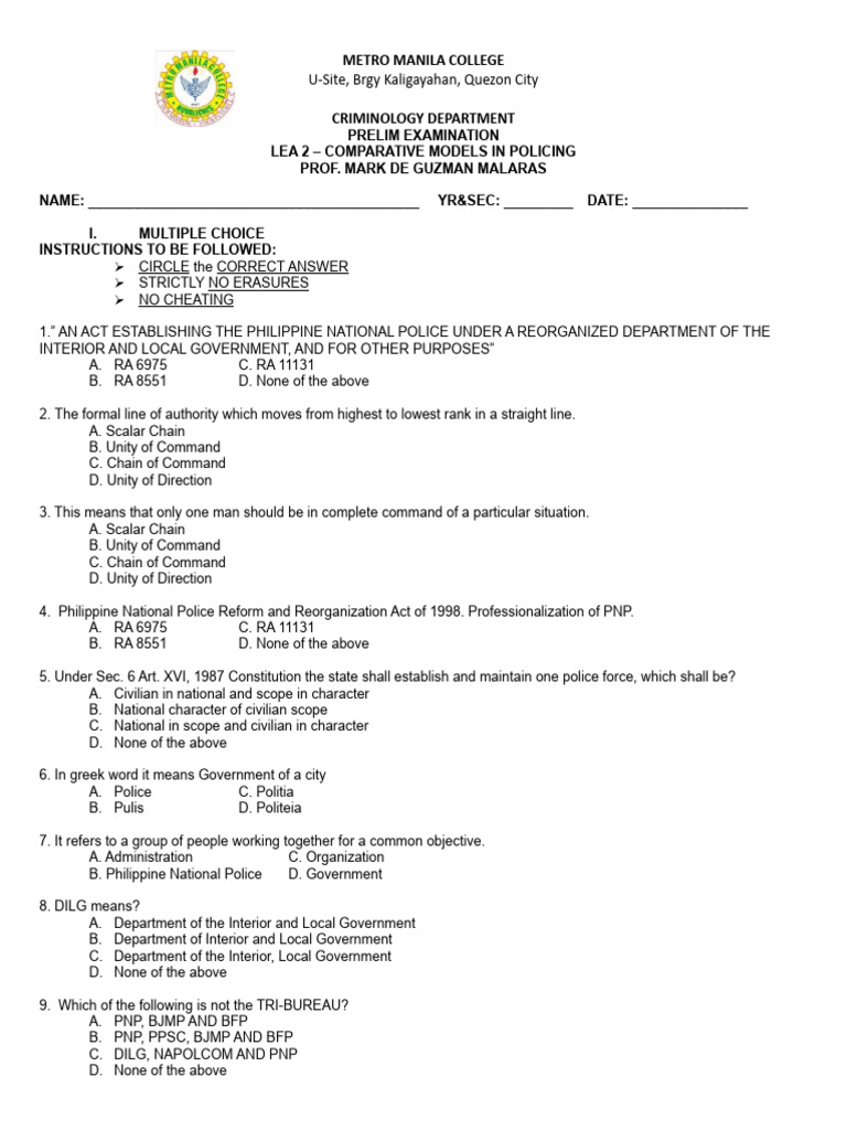 Prelim Examination Lea2 MMC | PDF | Police | Sergeant