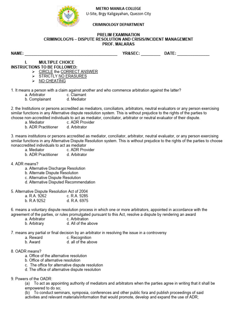 Prelim Examination Crim6 MMC | PDF | Alternative Dispute Resolution ...