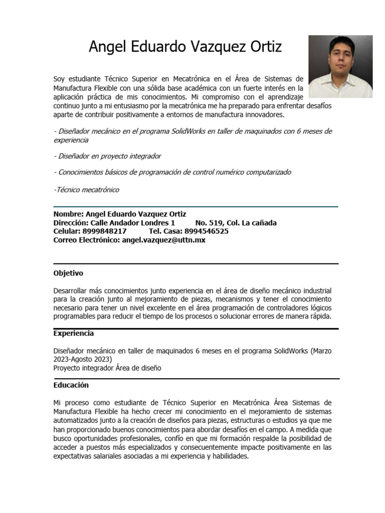 CV Vazquez Ortiz Angel Eduardo | PDF | Mecatrónica | Controlador lógico programable