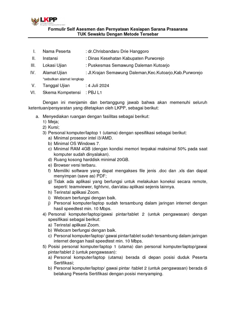 Form Surat Dan Lampiran Kesiapan Sarpras TUK | PDF