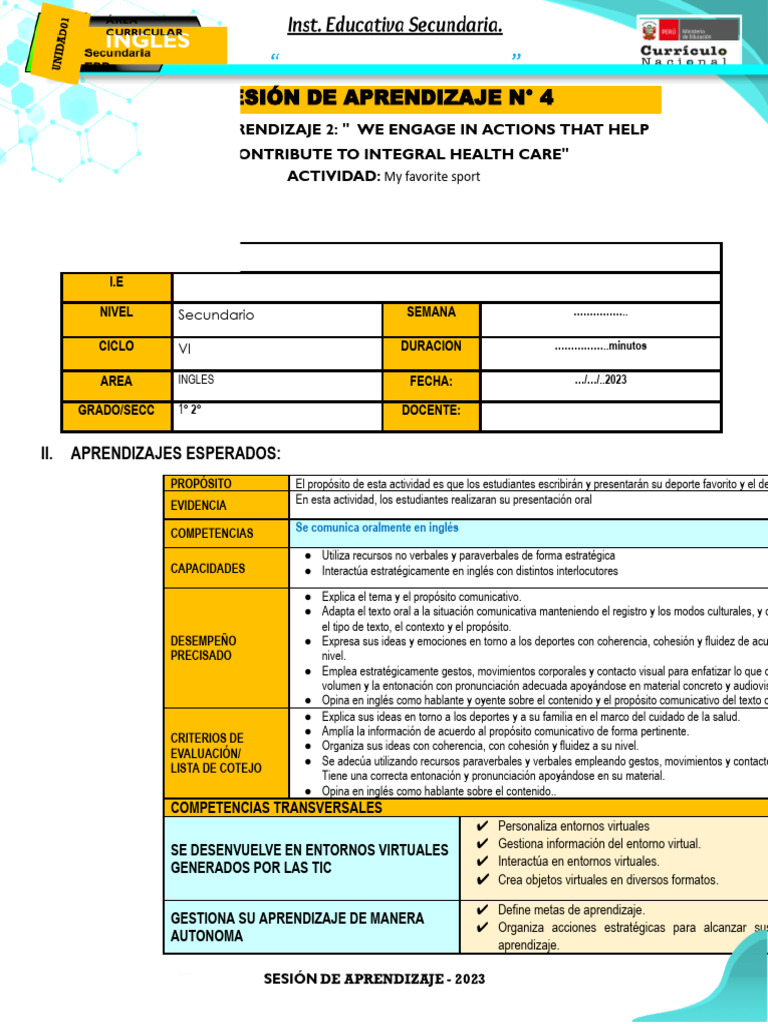 1° 2°-Ses Act 04-Inlgles-U2 | PDF | Aprendizaje | Evaluación